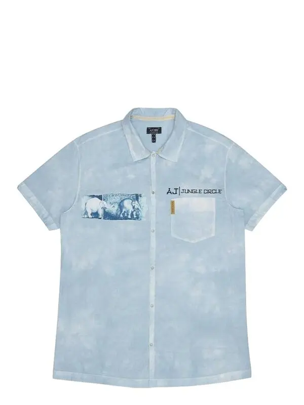 Emporio Armani Short Sleeve Collared Shirt With Elephant Print - Blue