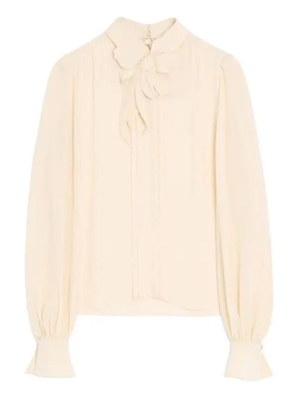 Valentino Garavani Long Sleeve Bow Neck Blouse With Embroidered Flowers - Nude