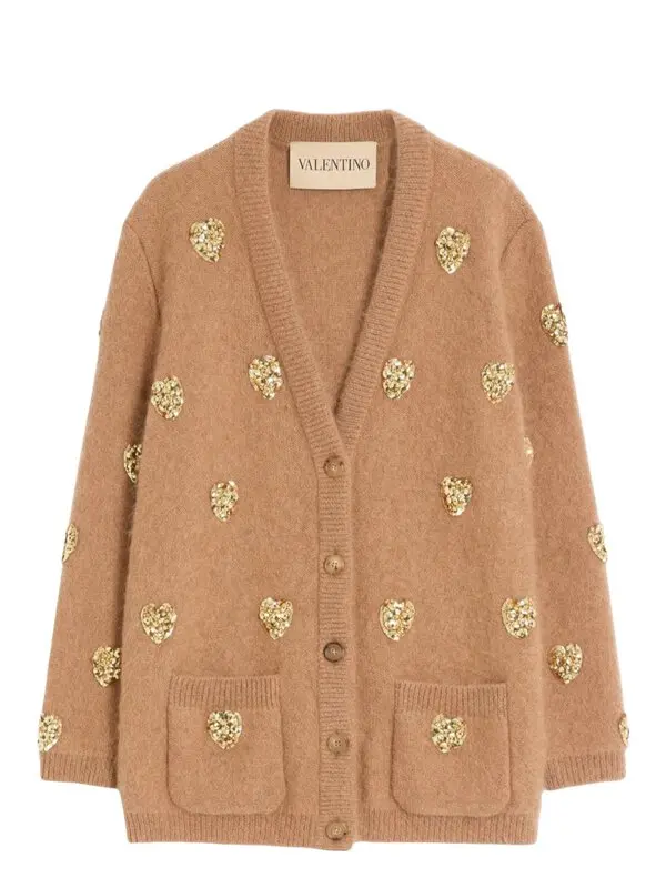 Valentino Garavani Embroidered Heart Cardigan - Camel/gold
