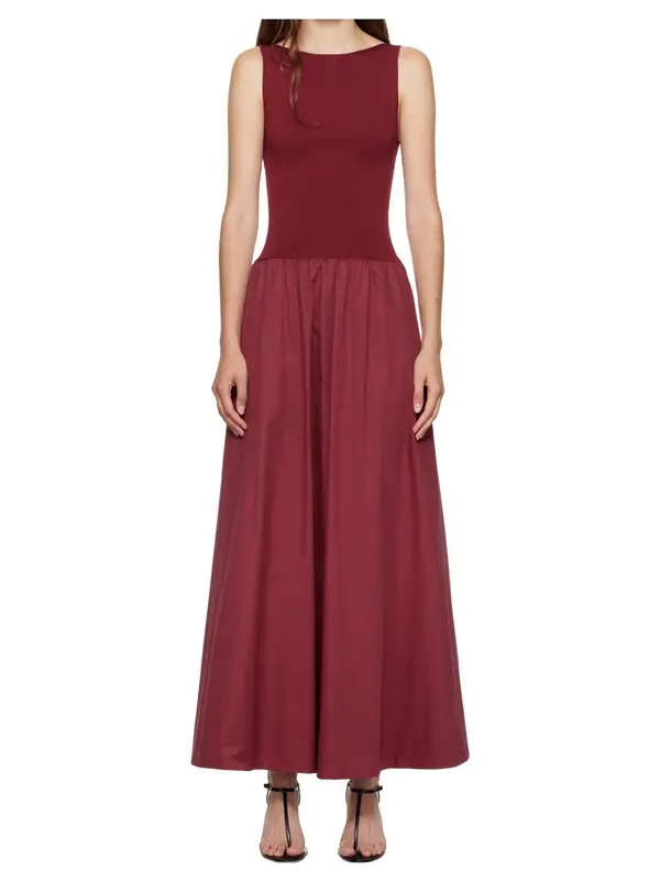 ST. AGNI Ribbed Sleeveless Boatneck Dress With Pleated Waist And Slit - Red