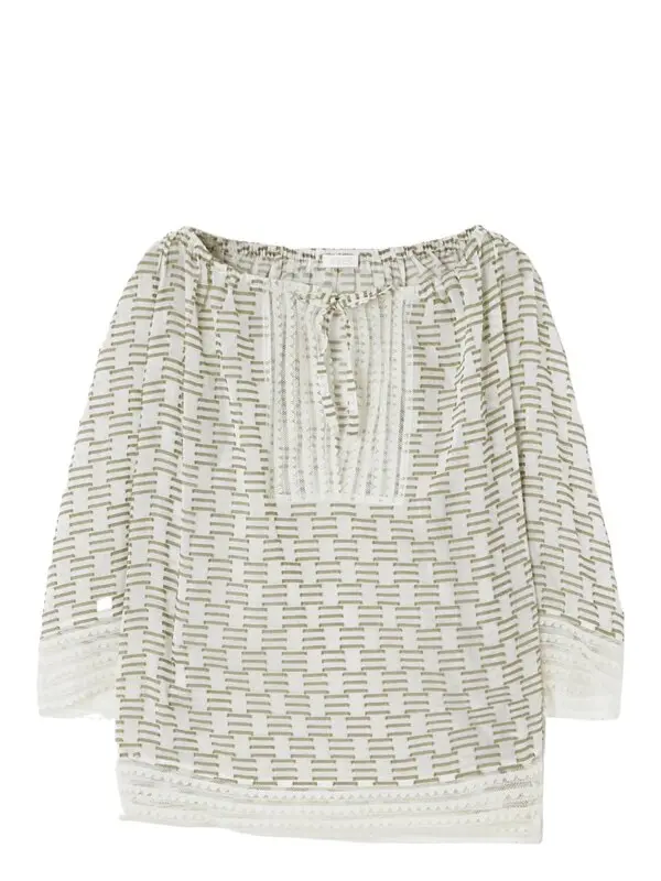 ERES Geometric Print Top With Lace Trim - White