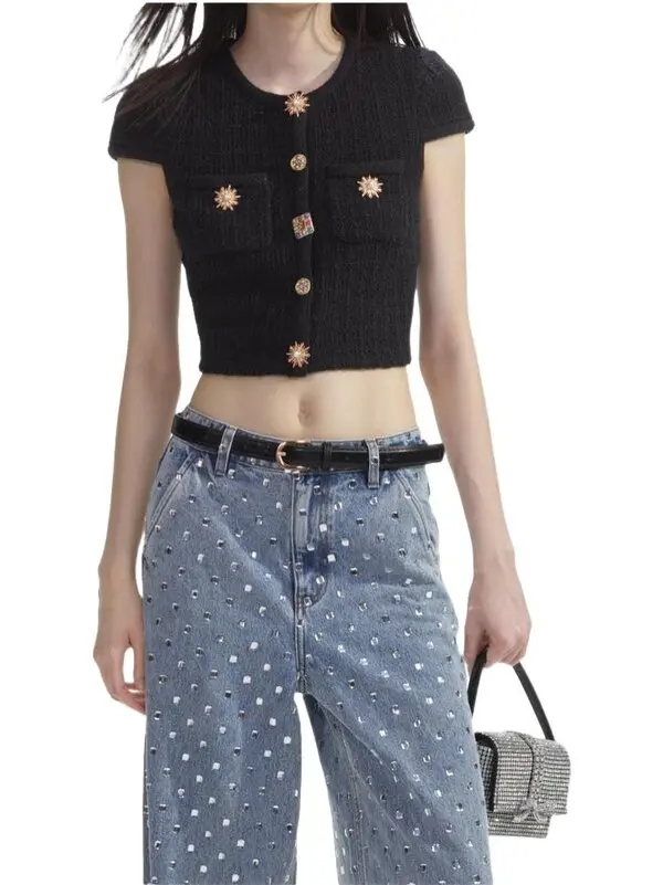 SELF-PORTRAIT Embellished Cropped Knit Top - Black