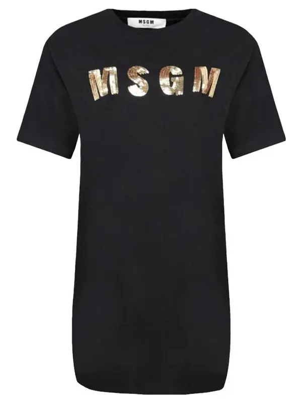 MSGM Sequin Logo T-shirt Dress - Black