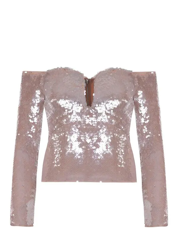 SELF-PORTRAIT Sequin Off-the-shoulder Top - Beige