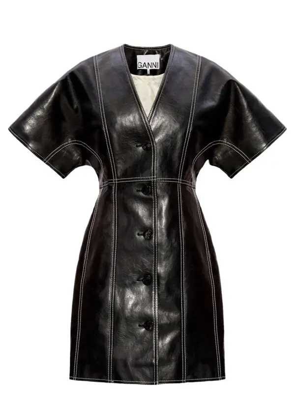 GANNI Faux Leather V-neck Button-up Dress With Contrast Stitching - Black