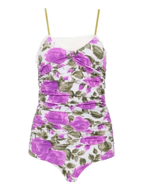 Chloé Ruched Floral Bodysuit - White/purple