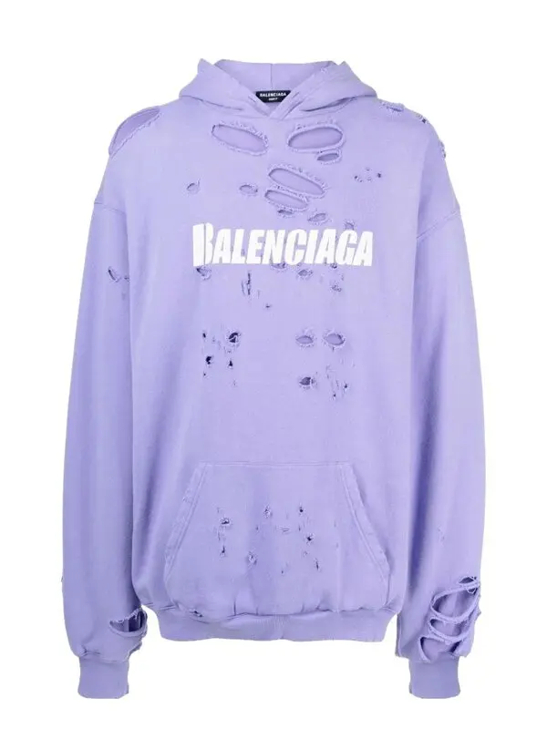 Balenciaga Distressed Logo Hooded Sweater - Blue