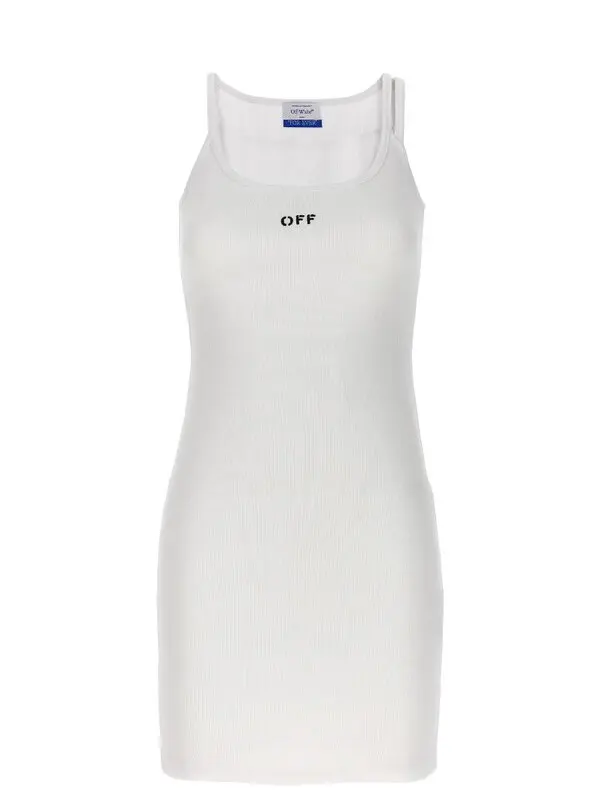 Off-White Logo Embroidered Sleeveless Rib Knit Dress - White