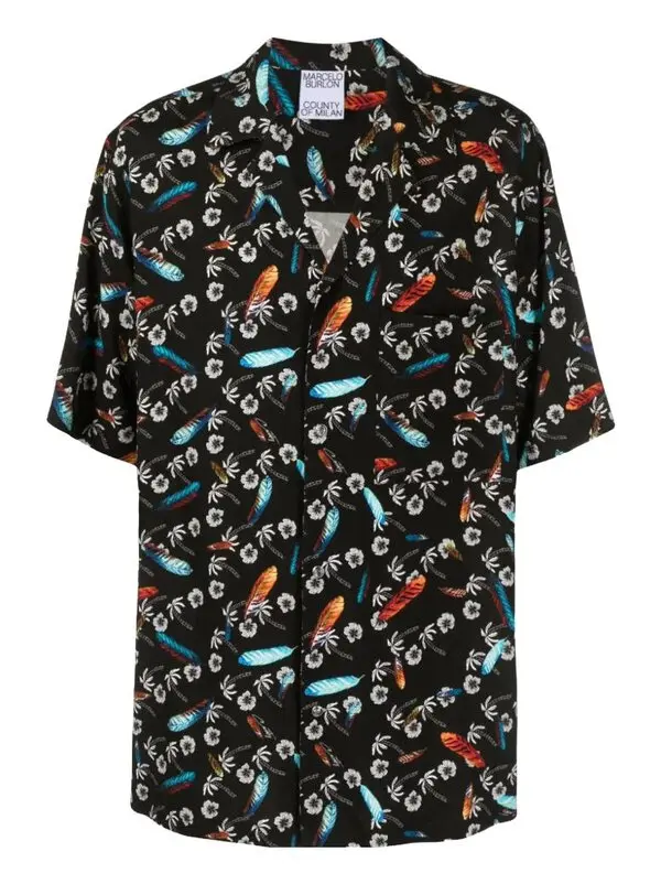 MARCELO BURLON COUNTY OF MILAN Floral Printed Short-sleeved Shirt - Black