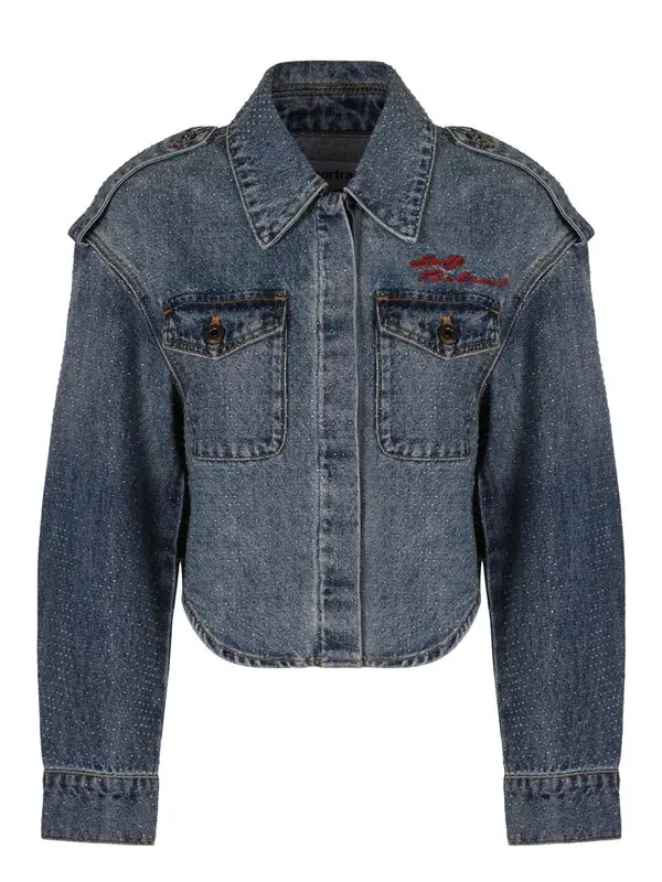 SELF-PORTRAIT Studded Cropped Denim Jacket - Blue