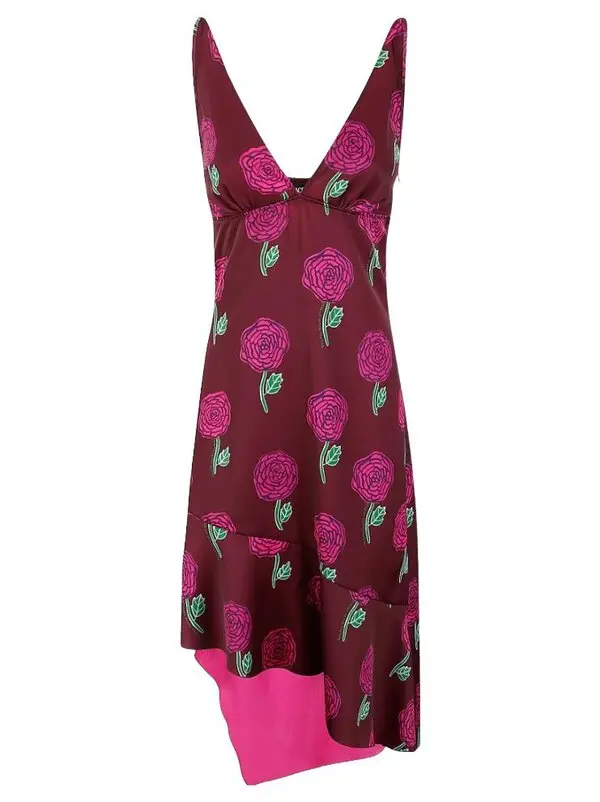 Versace Sleeveless V-neck Floral Print Asymmetrical Dress - Red