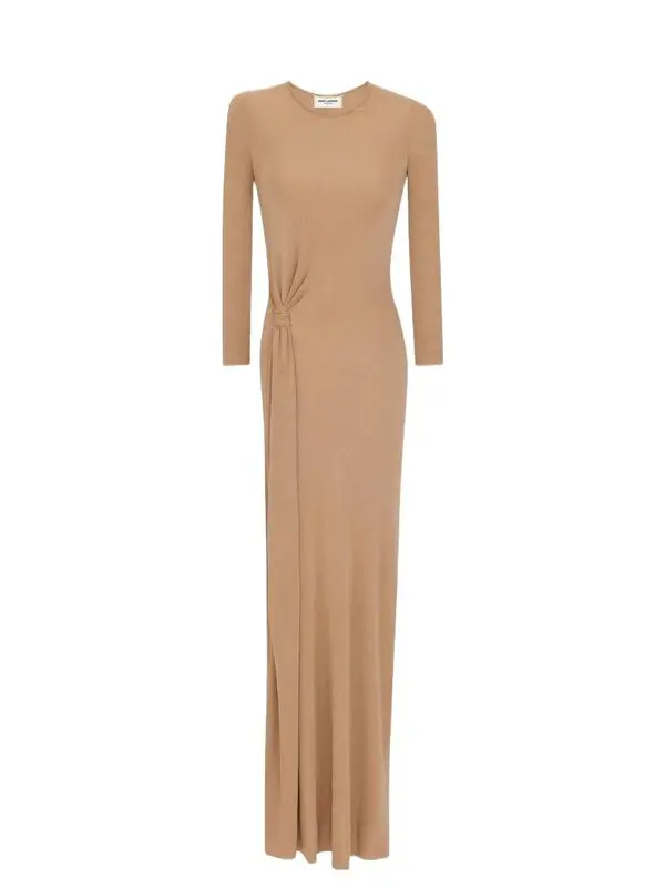 Saint Laurent Long Sleeve Jersey Maxi Dress With Knot Detail - Nude