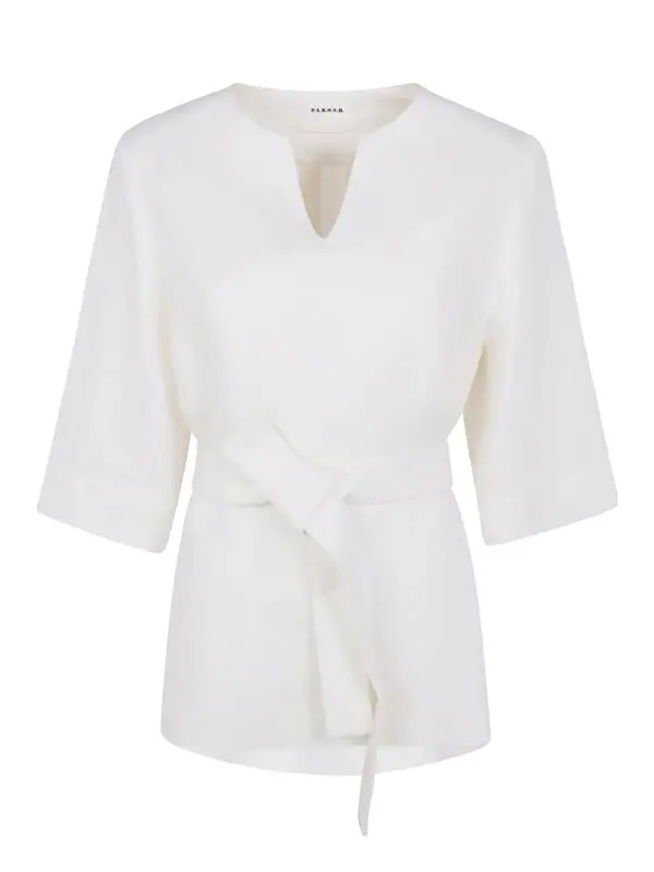 P.a.r.o.s.h V-neck Belted Blouse With Three-quarter Length Sleeves - Light Beige