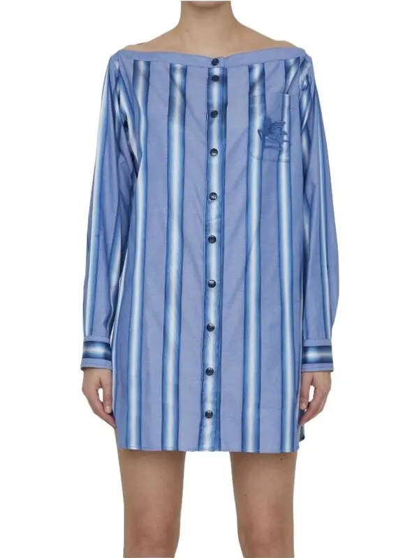 Etro Boat Neck Striped Shirt Dress - Light Blue