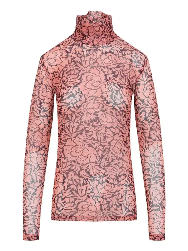 Dries Van Noten Sheer Floral Print Turtleneck Blouse - Peach