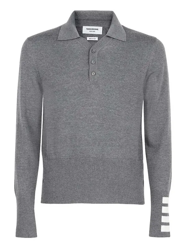 Thom Browne 4-bar Long-sleeved Knitted Polo Shirt - Medium Gray