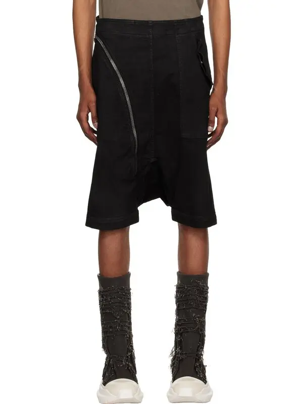 Rick Owens Diagonal Zipper Coated Denim Shorts - Black