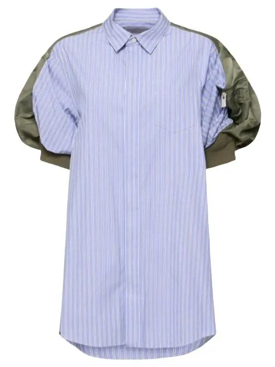 Sacai Striped Shirt Dress With Puffed Sleeves - Blue