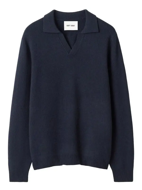 Soft Goat Cashmere Polo Sweater With V-neck - Navy