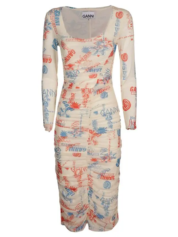 GANNI Ruched Mesh Midi Dress - Egret