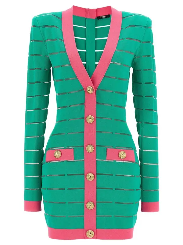 Balmain Button-embellishment V-neck Knitted Mini Dress - Green