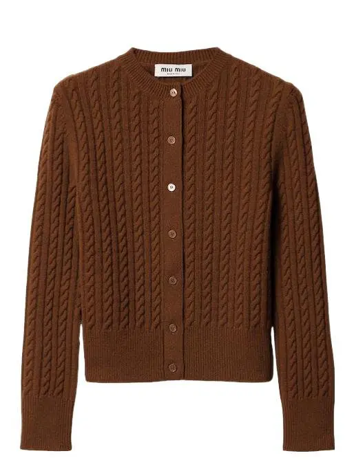 Miu Miu Cable-knit Cashmere Crewneck Cardigan - Tobacco Color