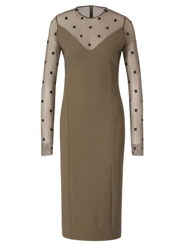 Givenchy V-neck Sheer Monogrammed Midi Dress - Deep Khaki