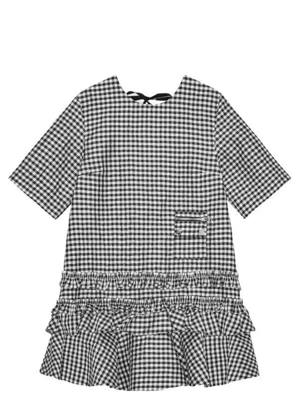 GANNI Checked Mini Dress With Ruffled Hem - Black