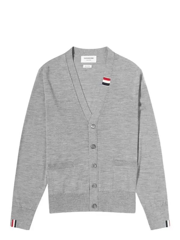 Thom Browne V-neck Button-up Cardigan With Signature Stripes - Light Gray