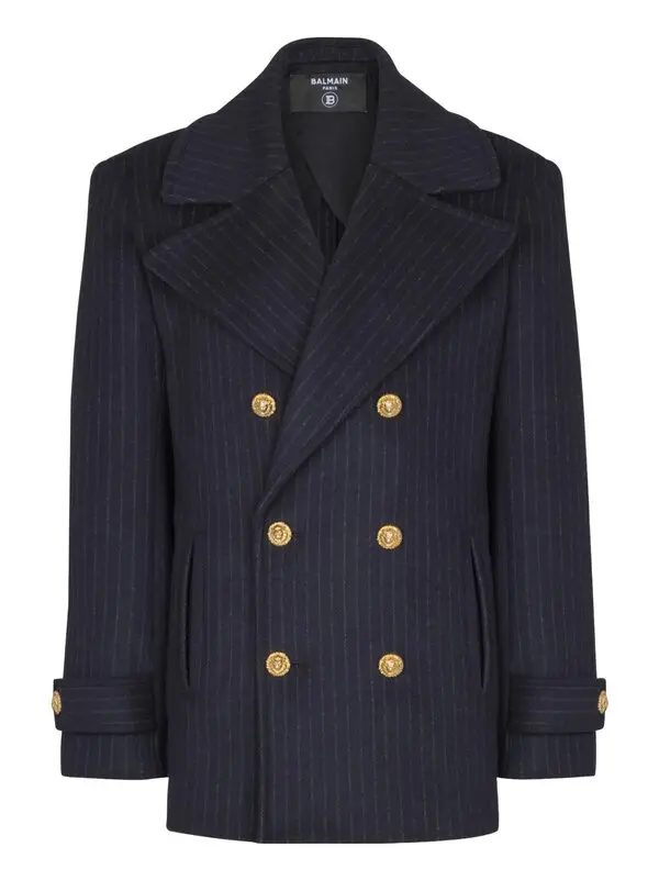 Balmain Short Striped Pea Coat - Navy Blue