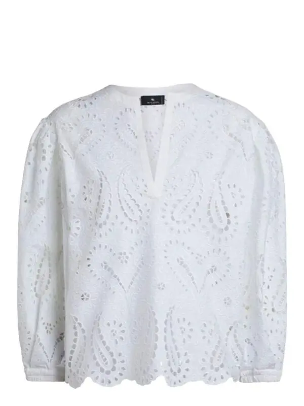 Etro V-neck Openwork Puff Sleeve Top - White