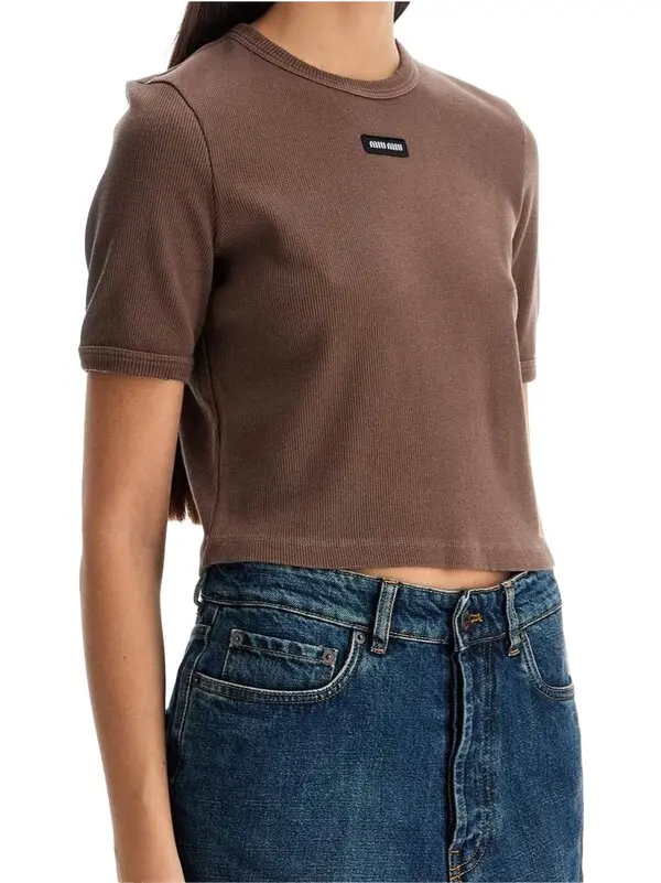 Miu Miu Cropped Ribbed Crewneck T-shirt - Cocoa Brown