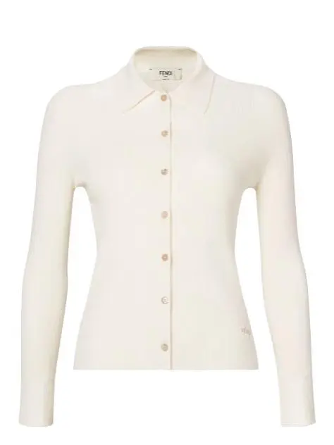 Fendi Long Sleeved Ribbed-knit Fitted Cardigan With Shirt Collar - White
