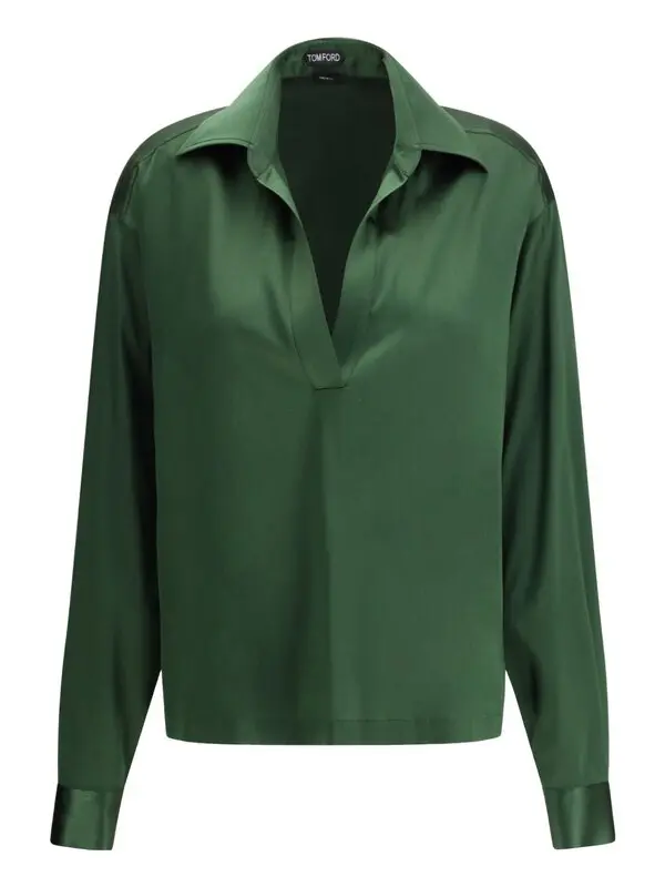 TOM FORD V-neck Long Sleeve Top With Embroidered Logo - Moss Green