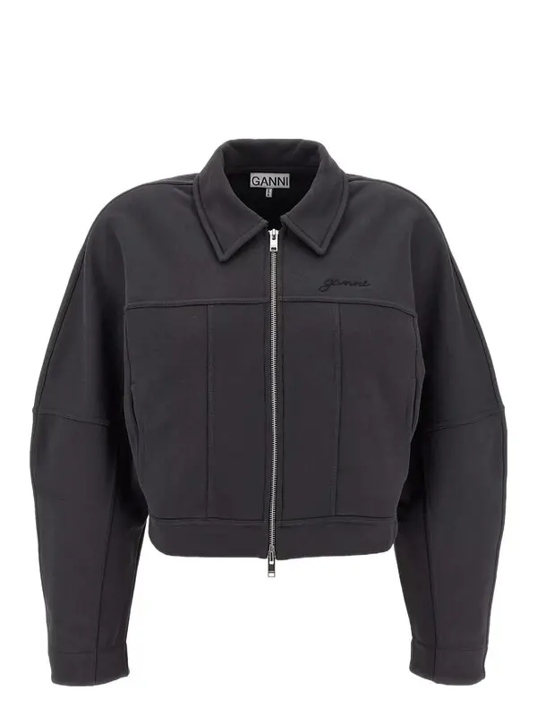 GANNI Logo Embroidered Cropped Jacket - Grey