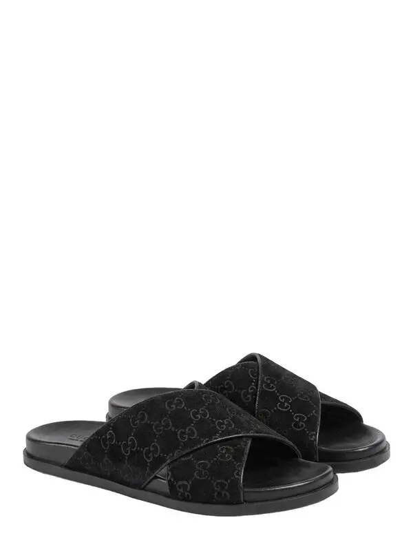 Gucci Suede Gg Motif Slide Sandals - Black