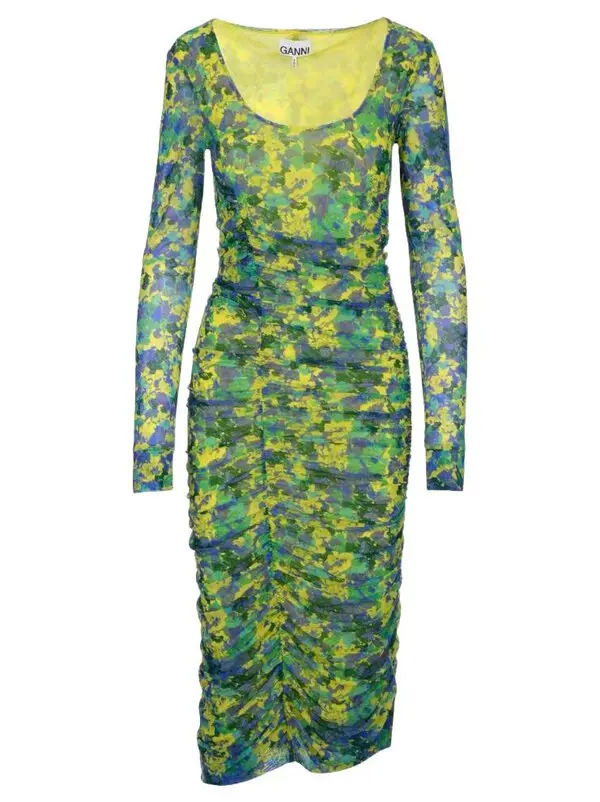 GANNI Sulphur Spring Ruched Mesh Dress - Green
