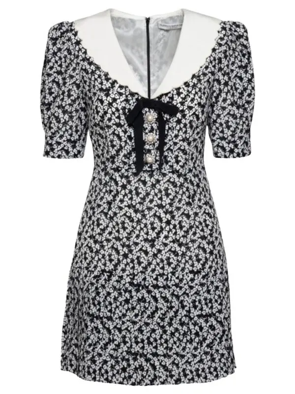 Alessandra Rich Floral Print Embroidered Collar Dress - Black