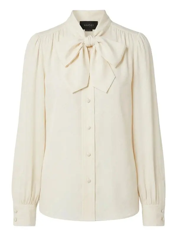 Gucci Crêpe Satin Interlocking G Shirt With Self-tie Bow - White