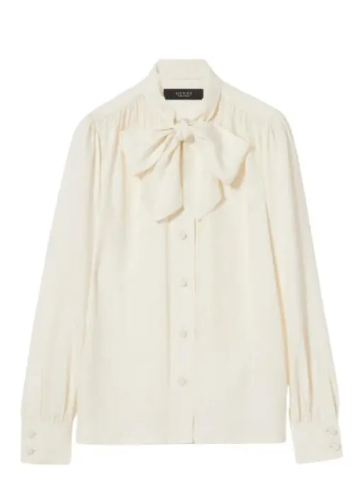 Gucci Crêpe Satin Interlocking G Shirt With Self-tie Bow - White