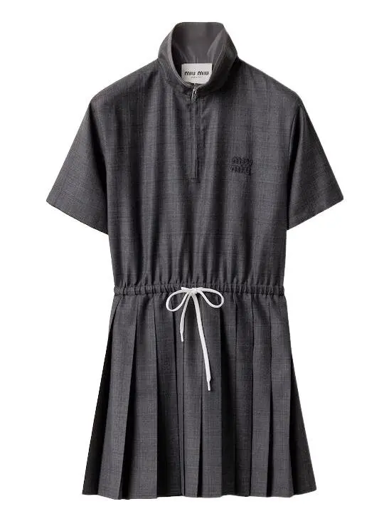 Miu Miu Prince Of Wales Pleated Short Dress - Slate Grey