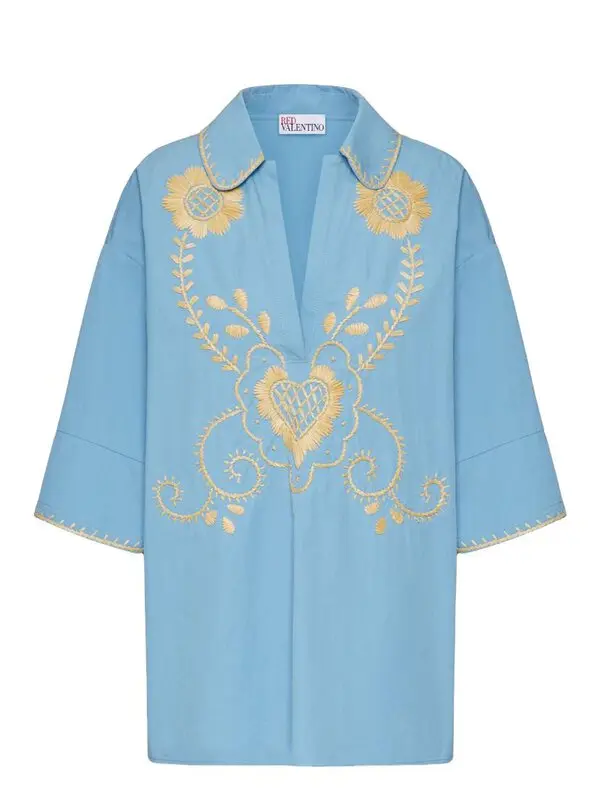 Red Valentino Embroidered V-neck Short Sleeve Top - Blue