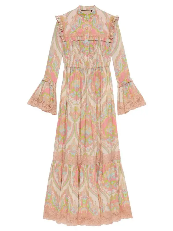 Gucci Floral Print Ruffled Long-sleeved Maxi Dress - Nude