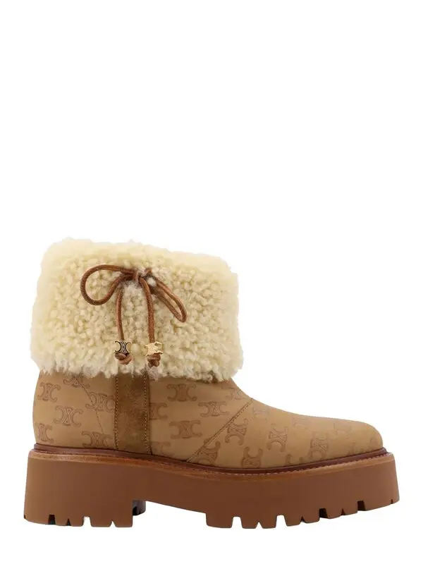 Celine Bulky Cropped Triomphe Boots In Suede And Shearling - Cognac/natural