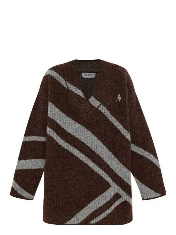 Attico V-neck Jumper With Diagonal Stripe Detail - Brown