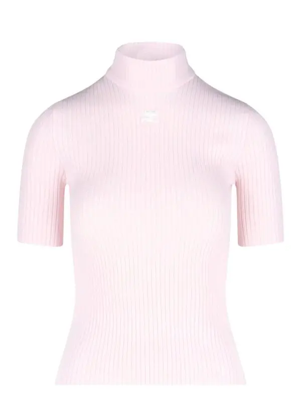 COURREGES Ribbed High Neck Short Sleeve Jumper - Pink