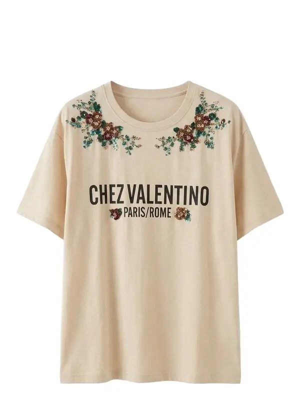 Valentino Garavani Floral Embroidered Crewneck T-shirt - Brown