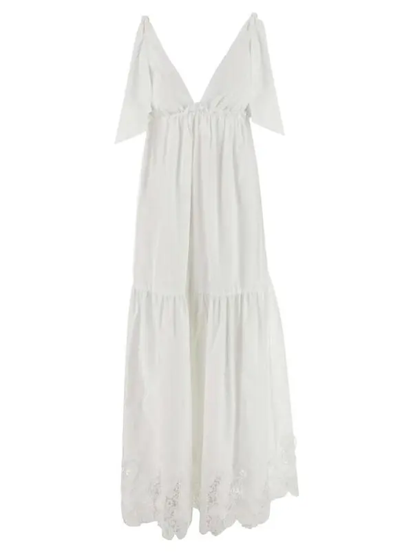 P.a.r.o.s.h V-neck Maxi Dress With Lace Hem - White