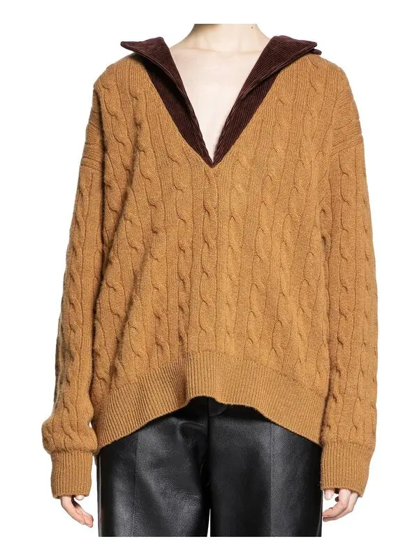 Loewe V-neck Cashmere Sweater With Ribbed Accents - Camel