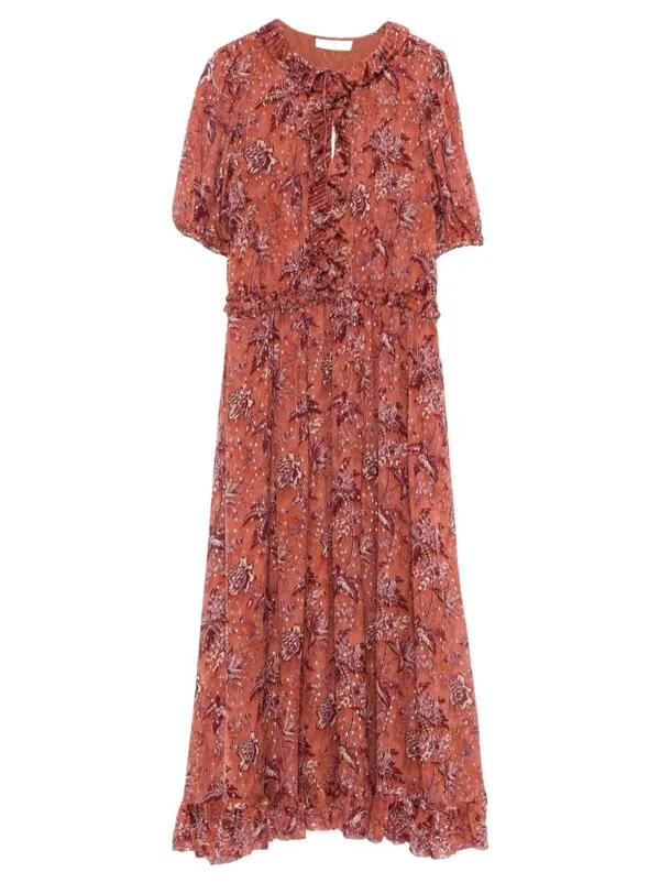 Ulla Johnson Floral Puff Sleeve Midi Dress - Red